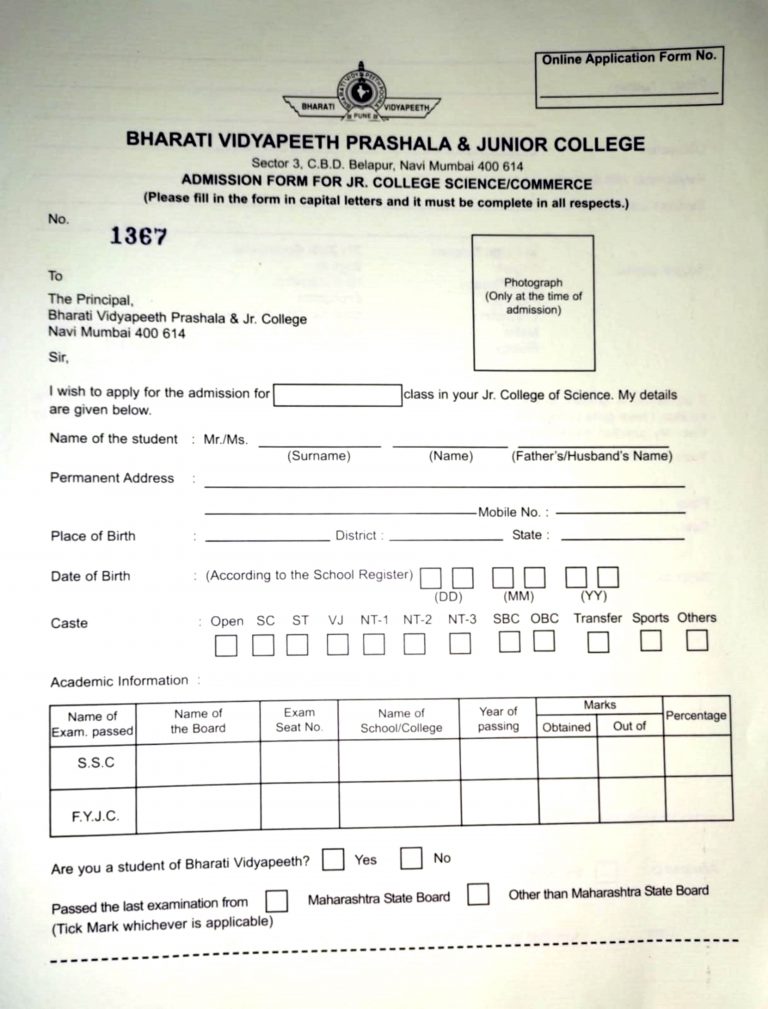 Admission Forms – Bharati Vidyapeeth Prashala and Junior College, CBD ...
