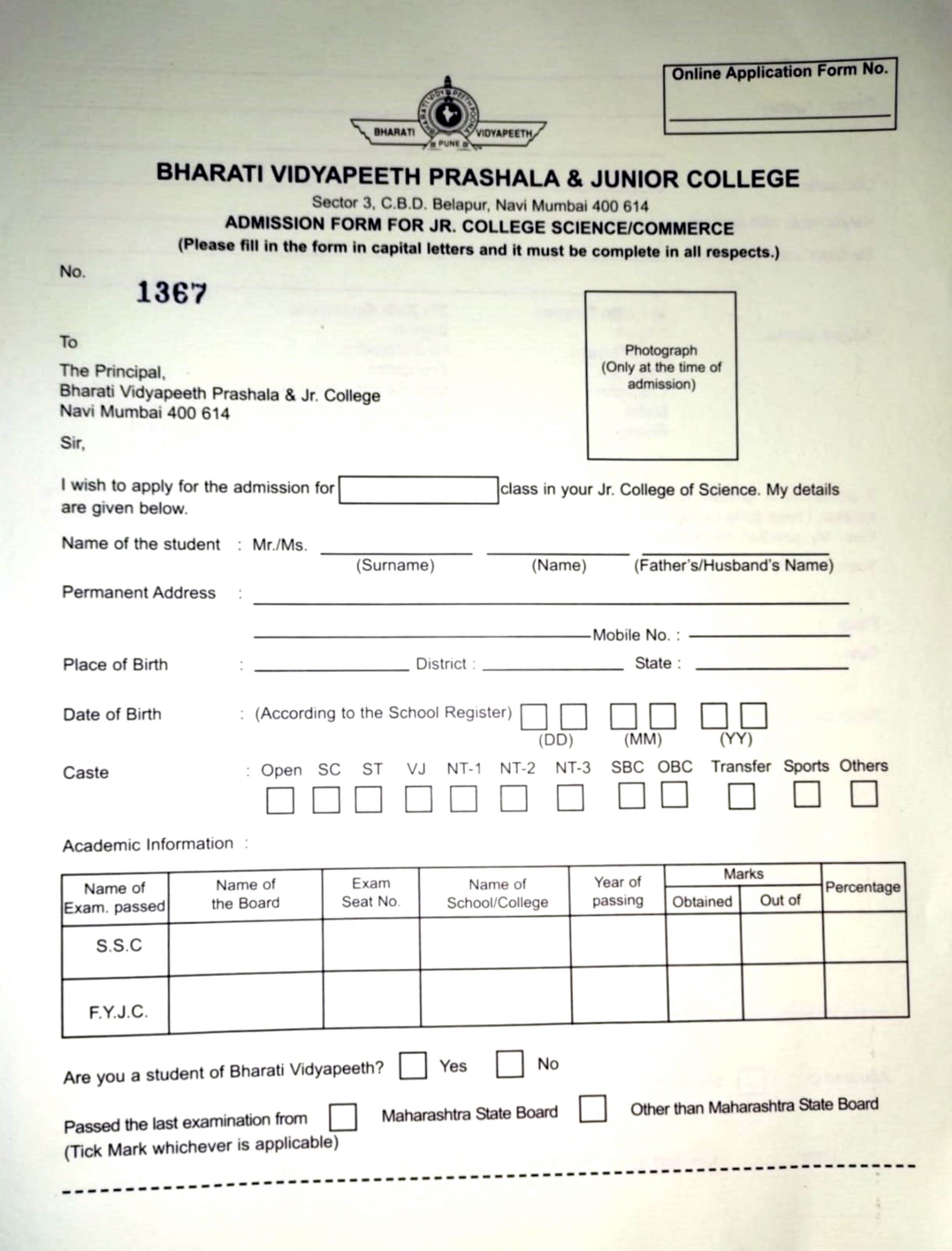 Admission Forms – Bharati Vidyapeeth Prashala and Junior College, CBD ...